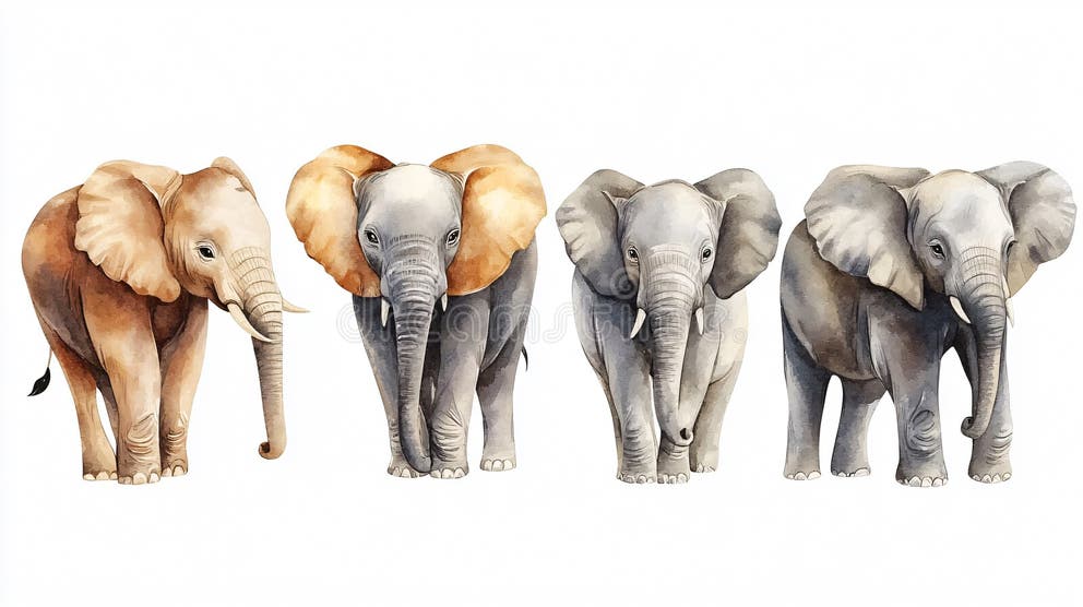 Majestic Wild African Elephants Set Isolated on White Background Stock ...