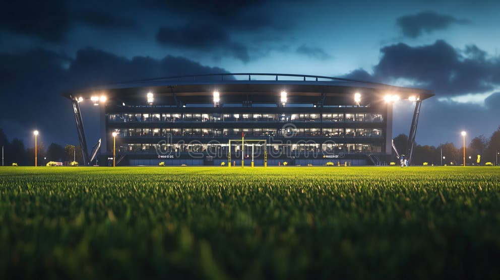 Modern Rugby Stadium Illuminated by Nighttime Lights Stock Illustration ...