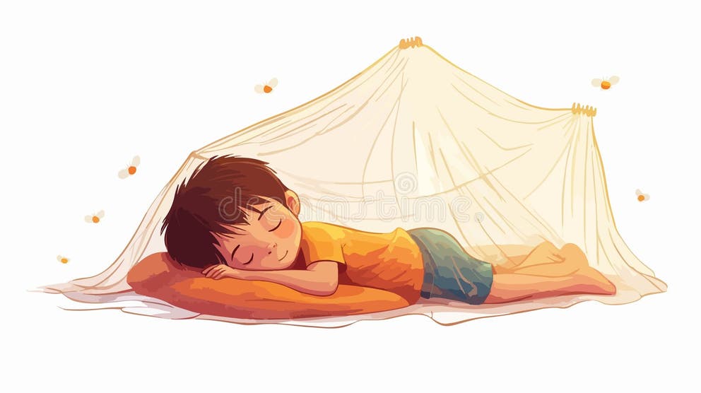 Peaceful Sleeping Little Boy Protected Under Mosquito Net Stock Vector ...