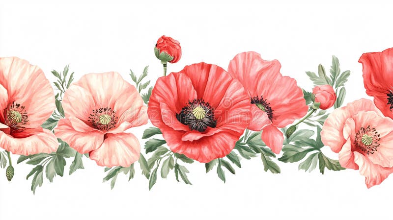 Poppy Flowers Horizontal Seamless Border: Elegant Design for Various ...