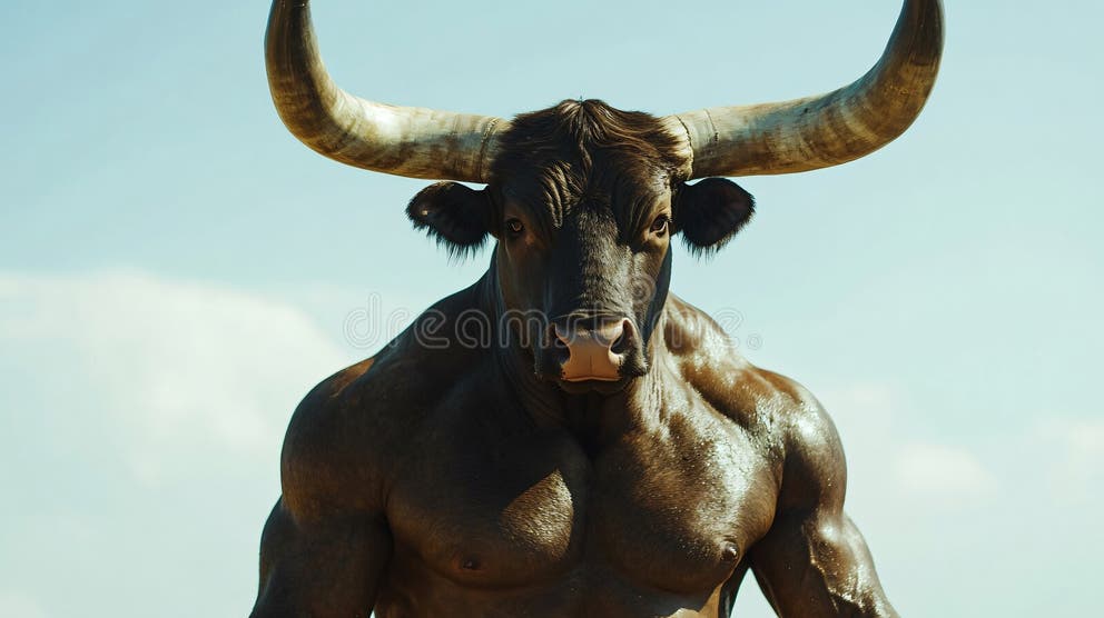 Powerful Dark Brown Bull with Muscles and Long Horns in Strongest Form ...