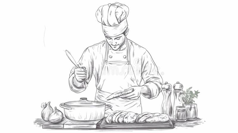 Professional Cook with Poster Outline Vector Illustration Stock Vector ...
