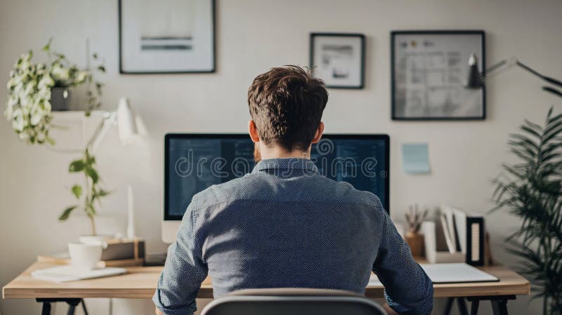 Professional Man Working at Desk with Computer Monitor Stock ...