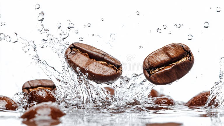 Roasted Coffee Beans Splashing into Water on White Background Stock ...