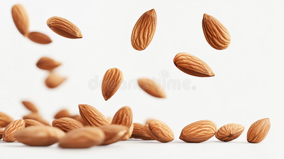 Shelled Almonds Falling Freely Vertically on White Background Stock ...