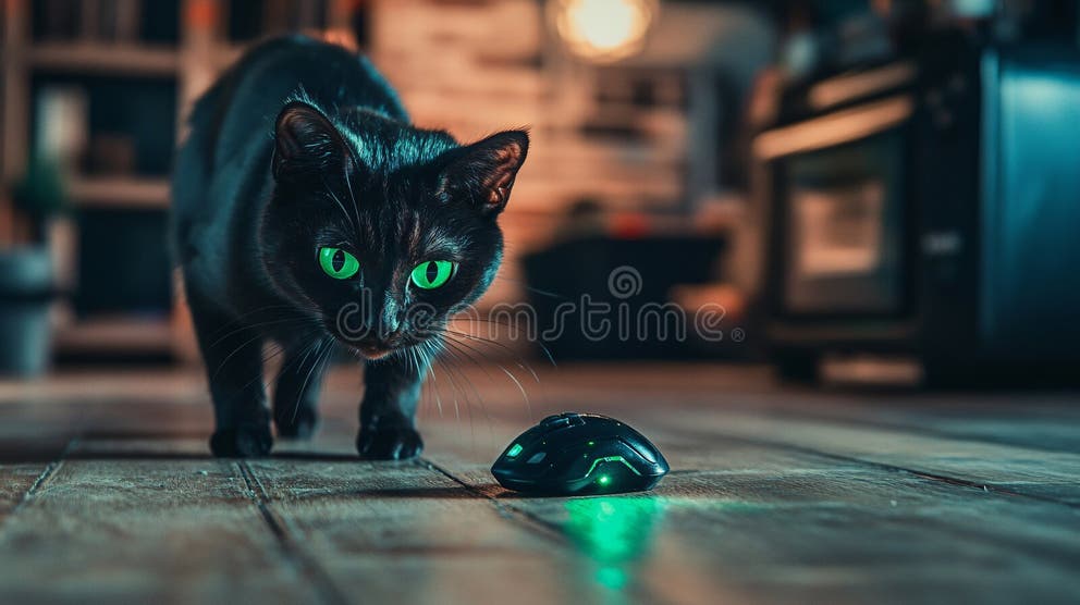 Sleek Black Cat with Green Eyes Chasing Robotic Stock Illustration ...