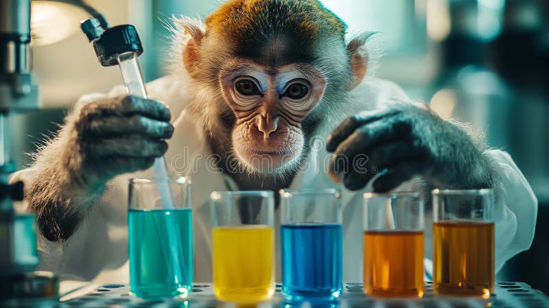 Smart Monkey Scientist Conducts Colorful Experiment in Laboratory ...