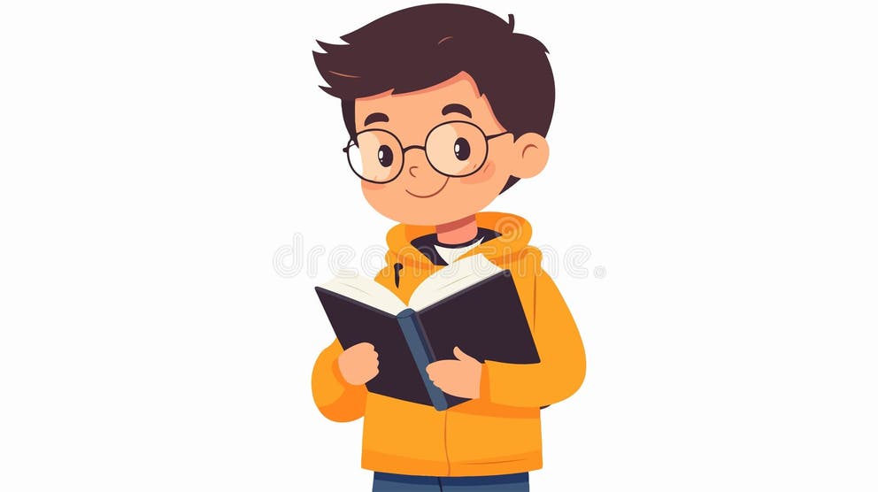 Smart School Boy Portrait with Eyeglasses and Book Stock Illustration ...
