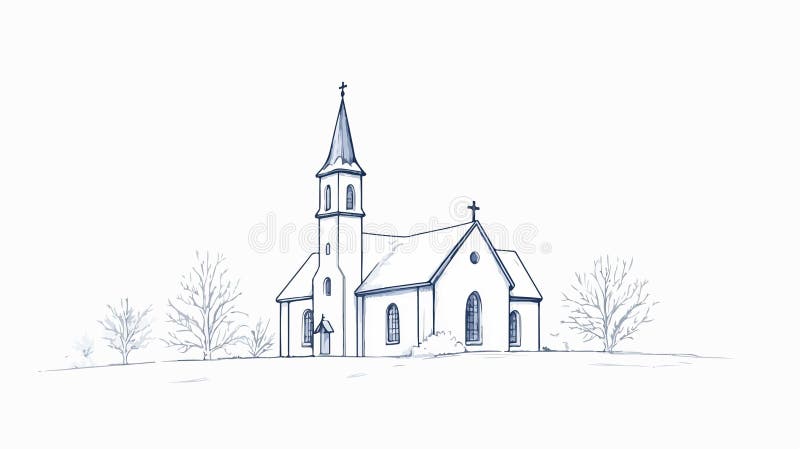 Snowy Church Single Line Drawing in Winter Landscape Stock Illustration ...
