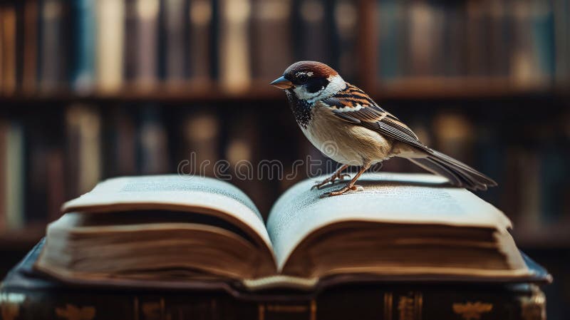 Sparrow Perched on Open Book in Old Library Stock Illustration ...
