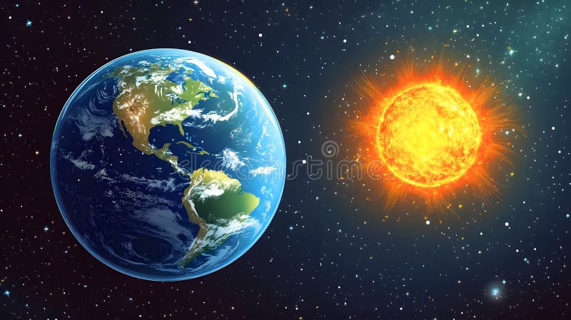 Sun and Earth Alignment in Space Illustration for Educational and ...