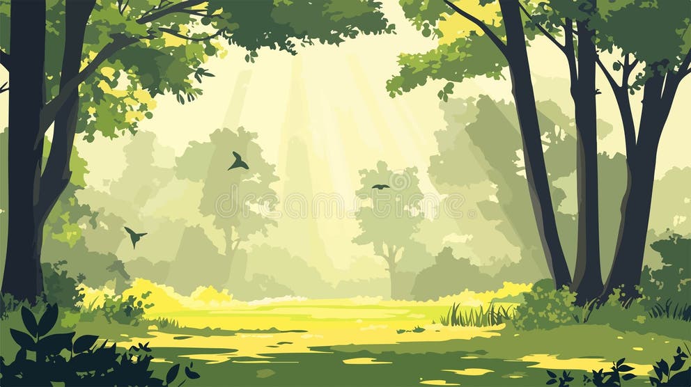 Sunlit Forest Clearing Landscape with Trees Stock Illustration ...