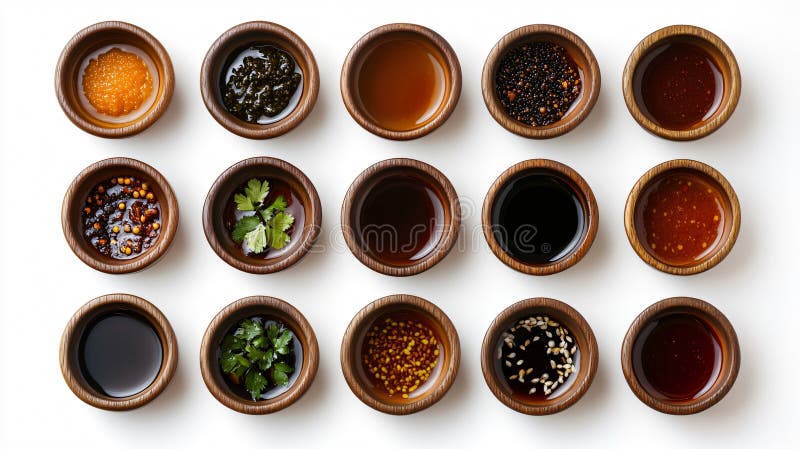 Top View of Various Sauces in Wooden Bowls - Culinary Condiment ...