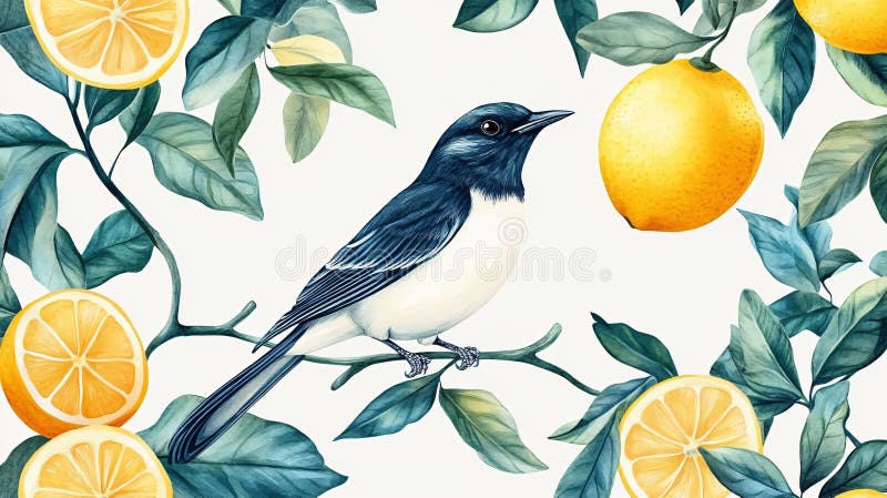 Tropical Bali Starling with Vibrant Leaves and Lemon Fruit Stock ...