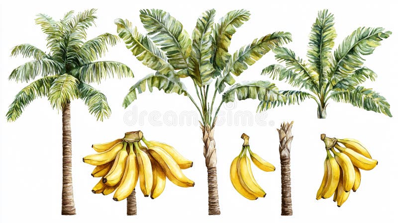 Tropical Banana Palms and Palm Leaves on White Background Stock ...
