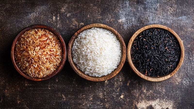 Various Types of Raw Rice from Top View on Wooden Surface Stock Photo ...