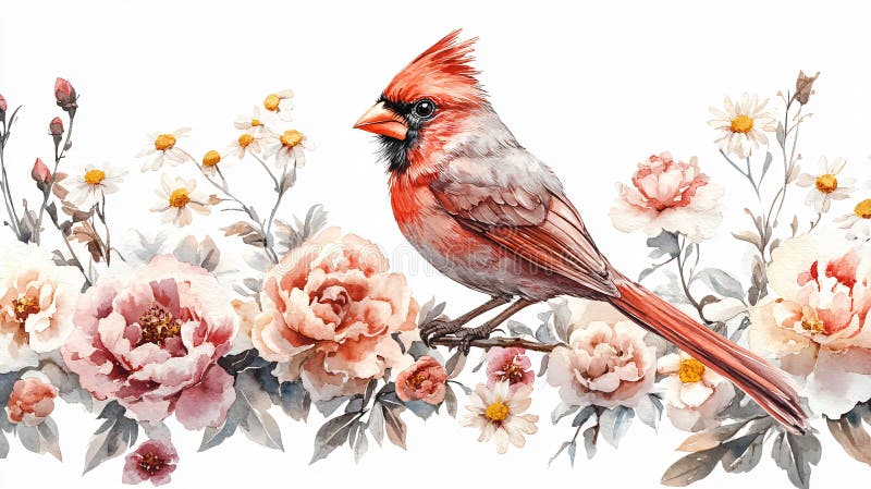 Watercolor Red Crested Cardinal Bird Peony Roses Painting Artwork Stock ...