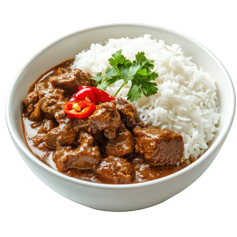 Spicy Beef Rendang with Steamed Rice Stock Photo - Illustration of ...