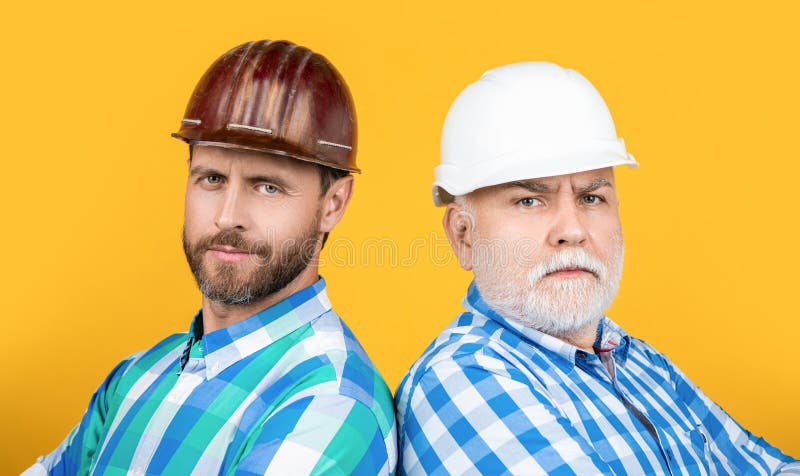 Image of Generation Worker Men Wear Building Helmet. Two Generation ...