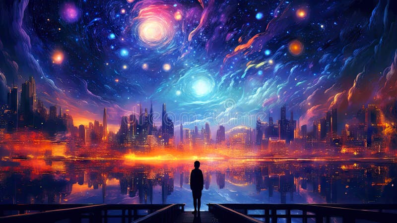 Image of a Girl Against the Background of the Boundless Starry Sky ...