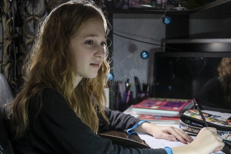 Girl Doing School Homework in the Evening Stock Photo - Image of ...