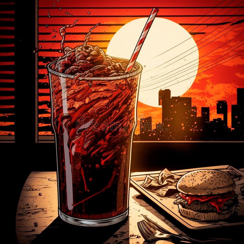 An Image of a Glass of Cola on the Table in an Old Diner. Comic Style ...