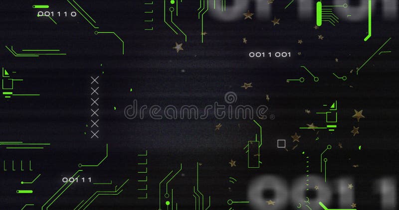 Image of Glitch Technique Over X Mark, Binary Code, Circuit Board Pattern Over Black Background ...