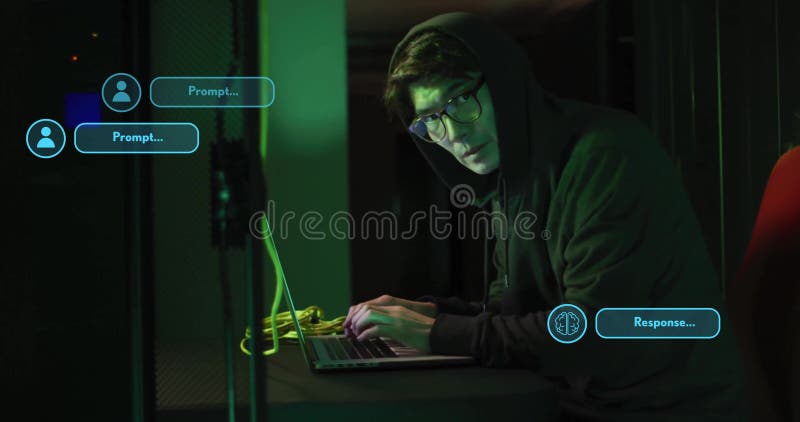 Image of Globe Ai Data Processing Over Asian Man with Laptop by Servers ...