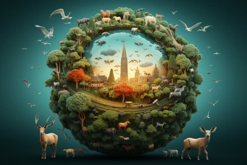 An Image of a Globe with Animals and Trees Stock Illustration ...