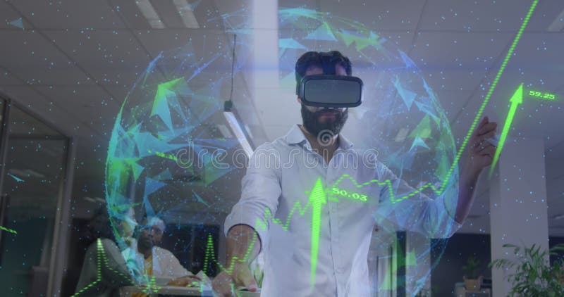 Image of Globe, Arrows and Data Processing Over Businessman Wearing Vr ...