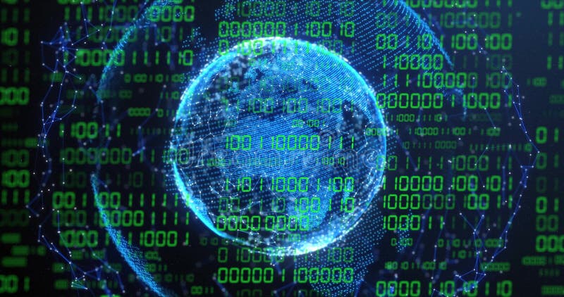 Image of Globe with Binary Coding and Data Processing Over Dark Background Stock Illustration ...