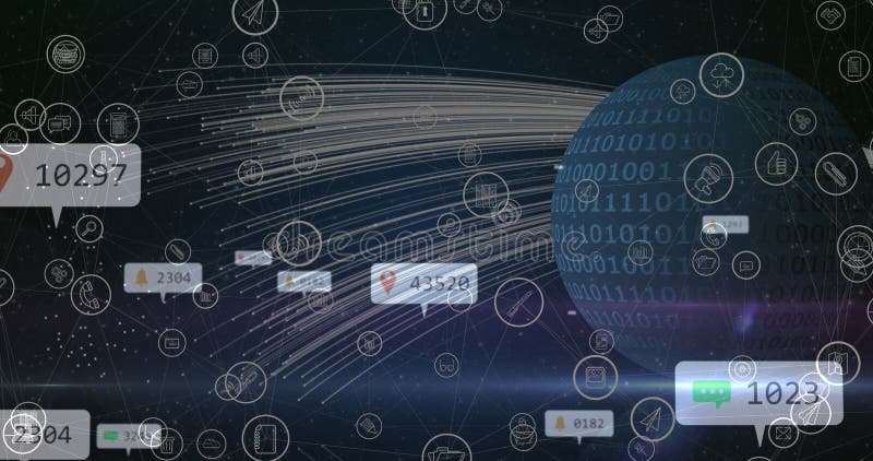 Image Of Globe With Binary Coding And Network Of Social Media Icons And 9530