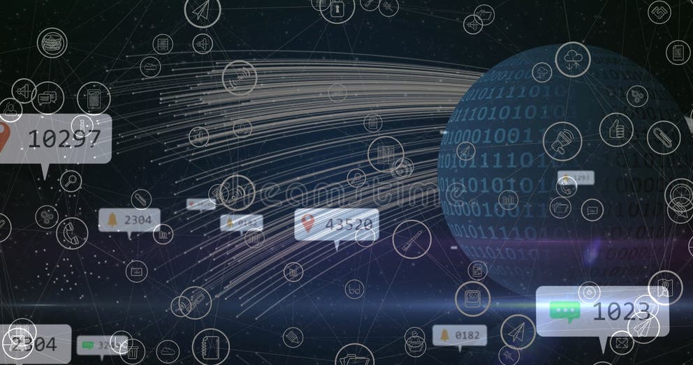 Image of Globe with Binary Coding and Network of Social Media Icons and Numbers Stock ...