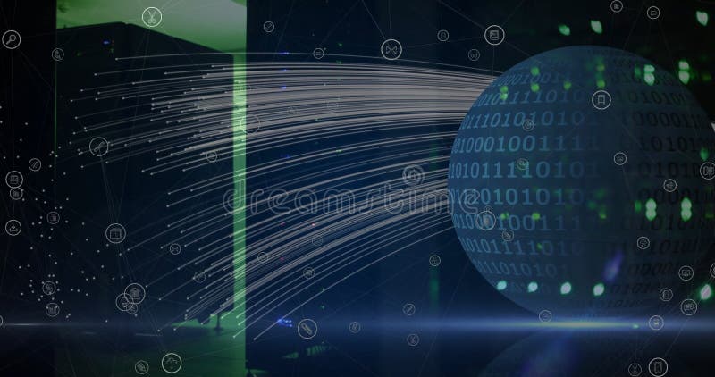 Image of Globe of Binary Coding Transferring Data Streams Over Dark Computer Server Room Stock ...