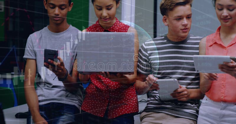 Image of Globe and Candlestick Graph Over Multiracial Teenagers Using ...