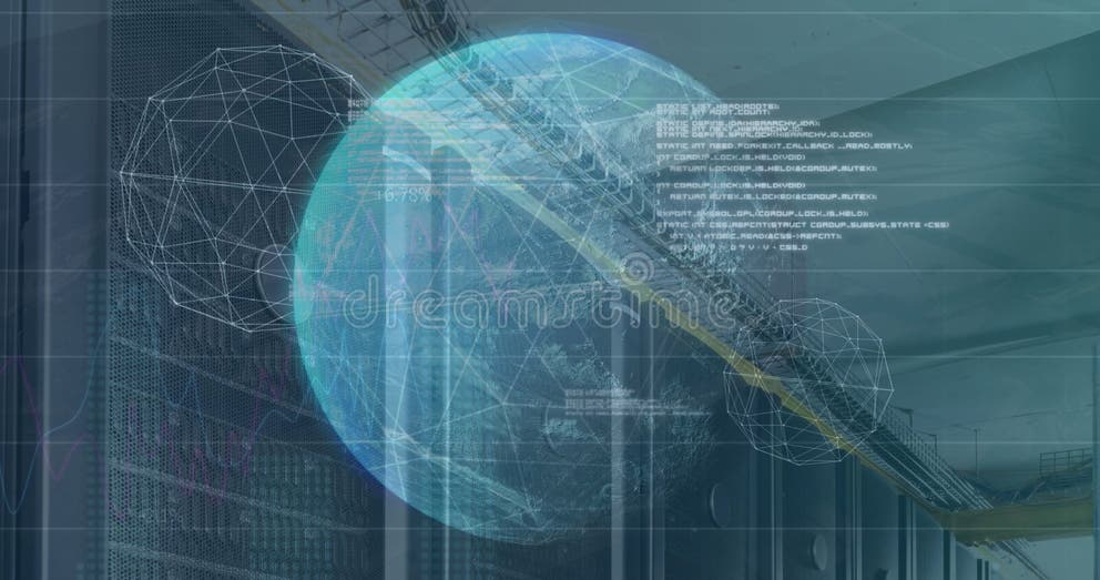 Image of Globe, Connected Dots Forming Globes and Programming Language Over Data Server Racks ...