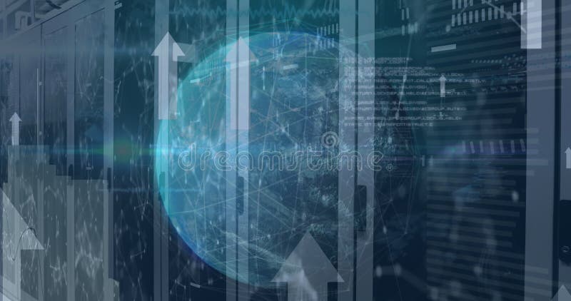 Image of Globe, Connected Dots, Up Arrow, Computer Language, Graphs Over Data Server Racks Stock ...