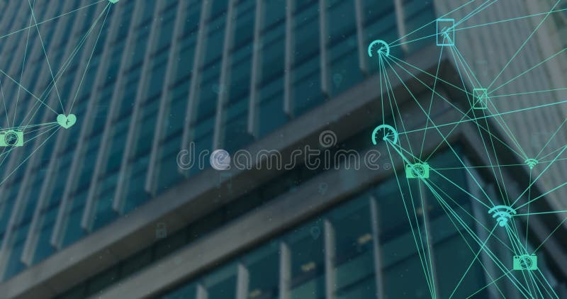 Image of Globe and Connected Icons Over Low Angle View of Building ...