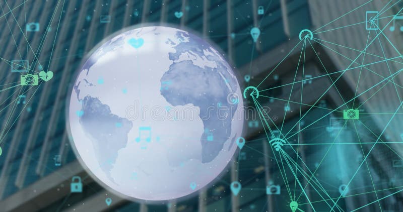 Image of Globe and Connected Icons Over Low Angle View of Building ...