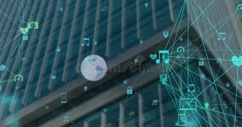 Image of Globe and Connected Icons Over Low Angle View of Building ...