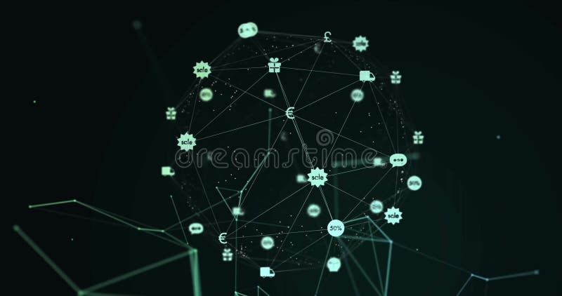 Image of Globe of Connections with Icons on Black Background Stock ...