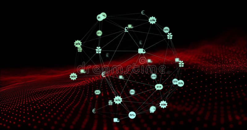 Image of Globe of Connections with Icons Over Red Spots on Black ...