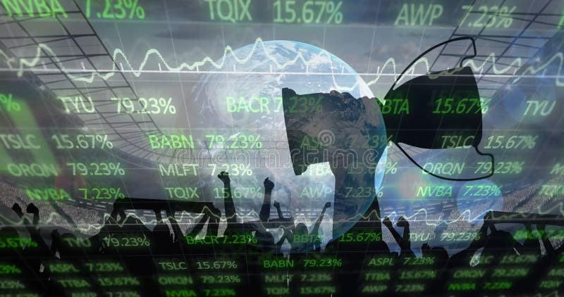 Image of Globe with Data Processing Over Trophy and Cheering Fans at ...