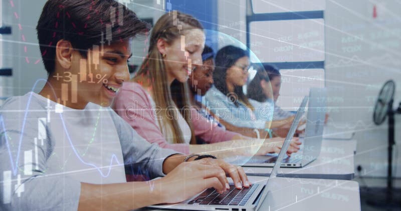 Image of Globe and Graph Over Class of Diverse Pupils Using Laptops ...