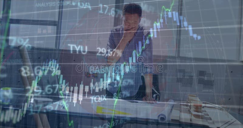 Image of Globe, Graphs, Trading Board Over Thoughtful Asian Businessman ...
