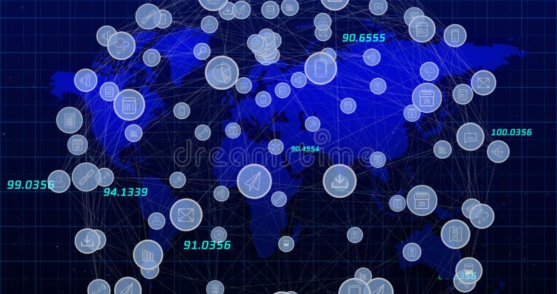 Image of Globe with Icons and Numbers Changing Over World Map Stock ...