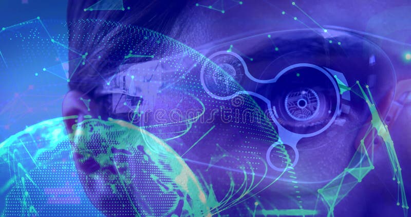 Image of Globe and Network of Connections Over Eye of Man in Vr Glasses ...