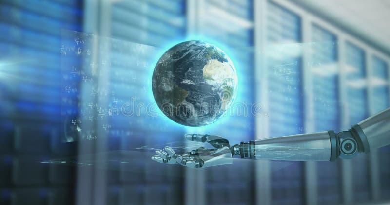 Image of Globe and Robotic Hand Over Server Room Stock Illustration ...