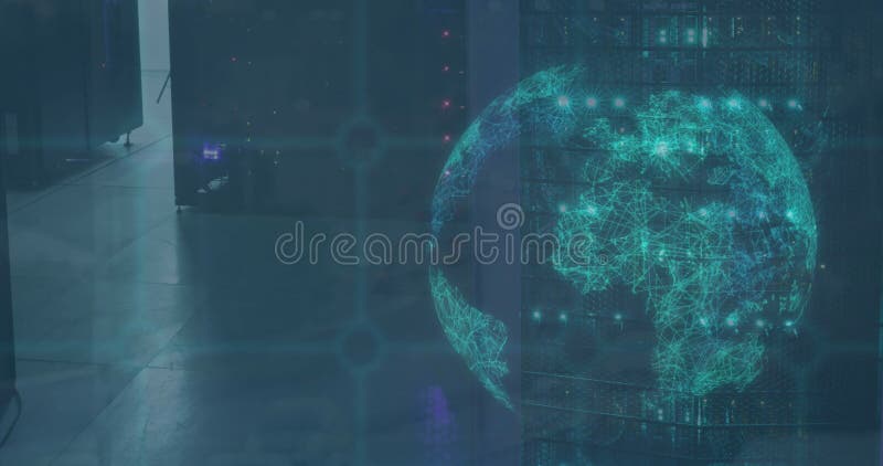 Image Of Globe Rotating Multiple Graphs And Numbers Grid Over Data Server Racks Stock Image
