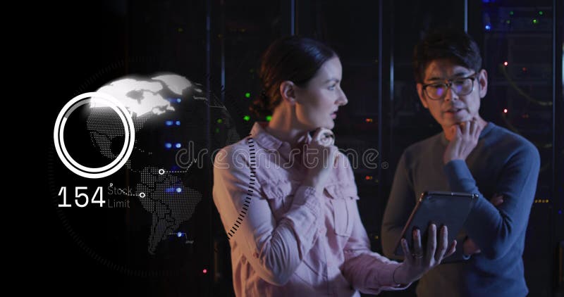 Image of Globe and Uploading Over Diverse Woman and Man Working in ...